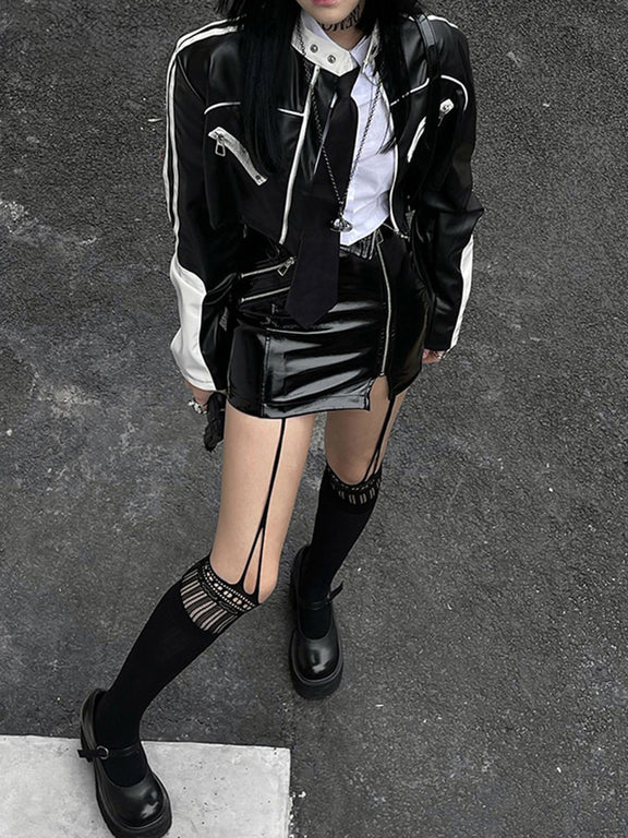 Short Patchwork Leather Jacket - Pastel Kitten