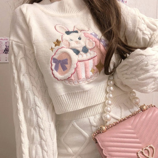 Sweet Rabbit Embroidery Skirt & Sweater Set - Pastel Kitten